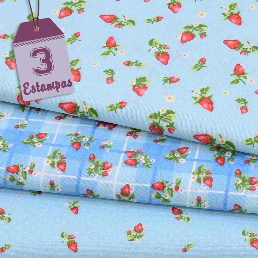 Tecido Fresa Morango Azul do Maluhy em Kit de 30x70cm - Bazar Horizonte