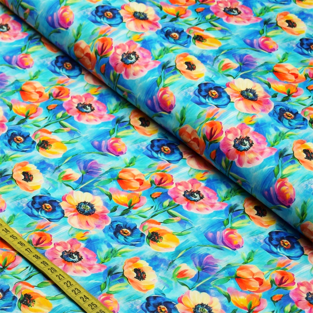 Tecido Tricoline Pintando a Primavera por Karin Camargo : Jardim Azul (0,50x1,50) - Bazar Horizonte